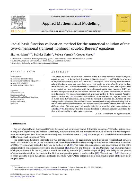 Pdf Radial Basis Function Collocation Method For The Numerical Solution Of The Two Dimensional