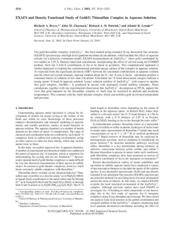 (PDF) EXAFS and Density Functional Study of Gold(I) Thiosulfate Complex ...