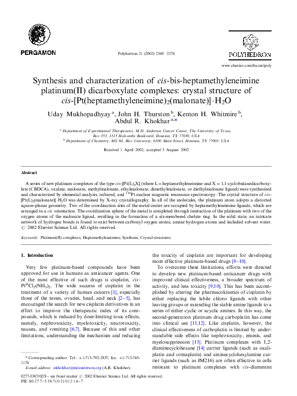 (PDF) Synthesis and characterization of cis-bis-heptamethyleneimine platinum(II) dicarboxylate ...