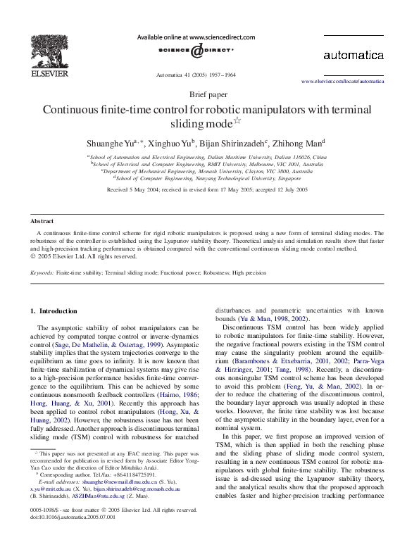 Pdf Continuous Finite Time Control For Robotic Manipulators With