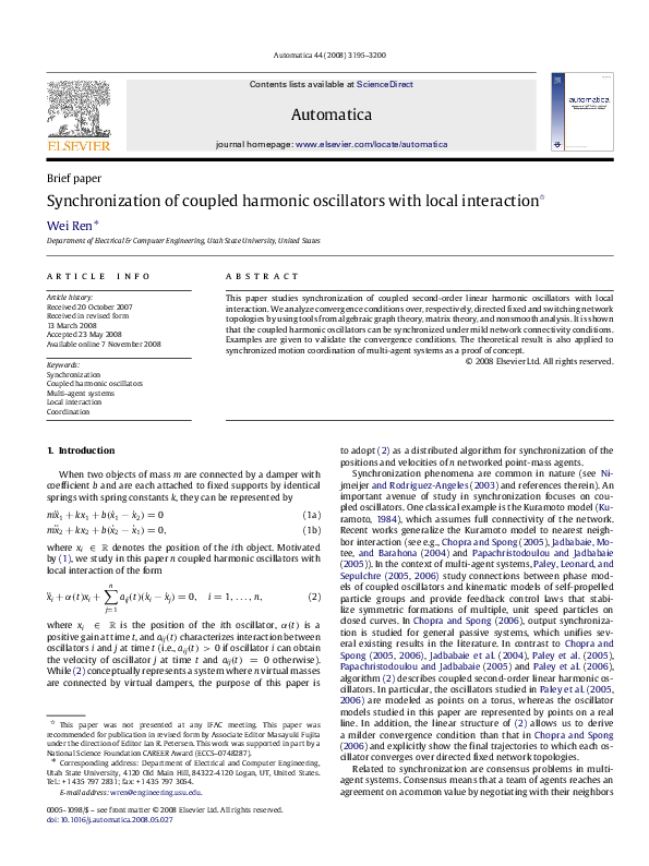 (PDF) Synchronization of coupled harmonic oscillators with random noises
