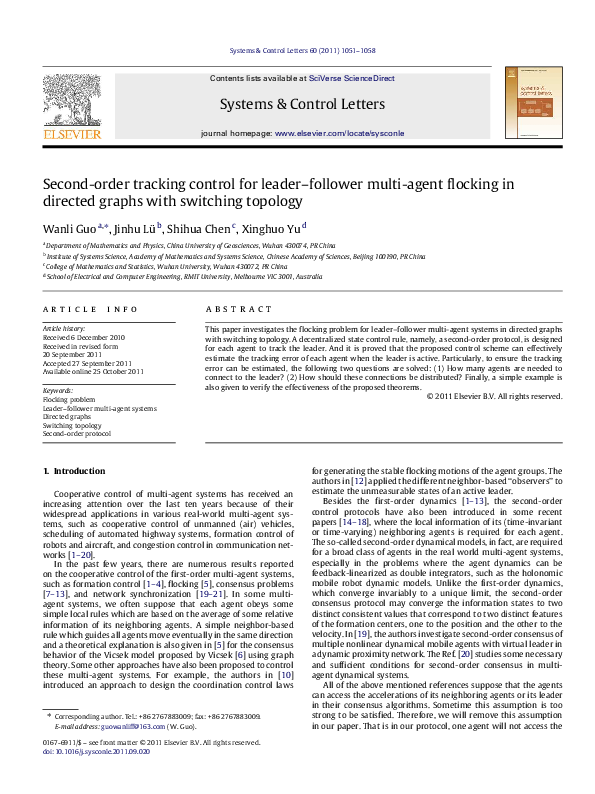 (PDF) Second-order tracking control for leader–follower multi-agent flocking in directed graphs ...