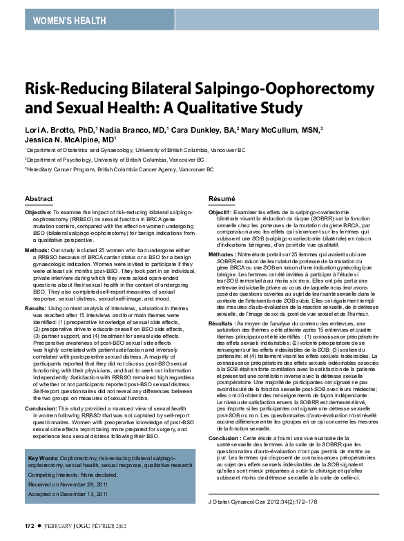 (PDF) Risk-reducing bilateral salpingo-oophorectomy and sexual health: a qualitative study