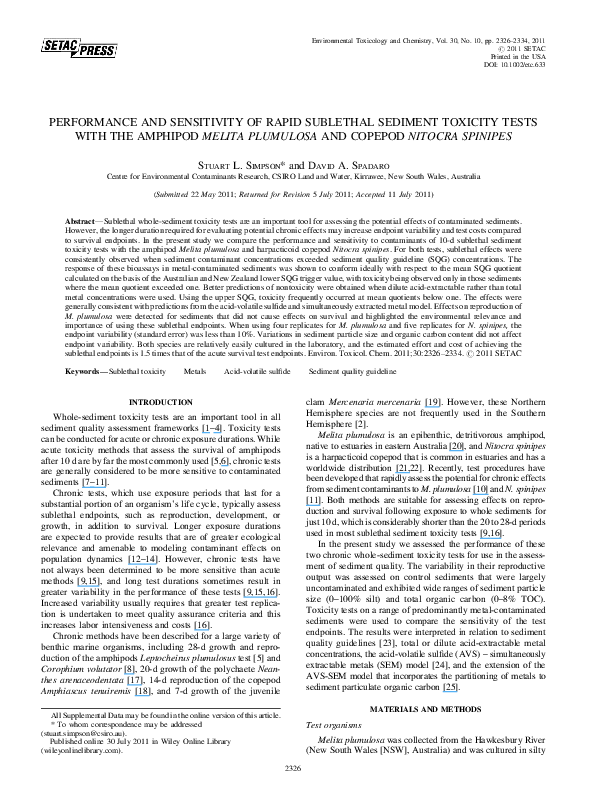 (PDF) Performance and sensitivity of rapid sublethal sediment toxicity ...