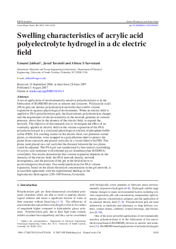 (PDF) Swelling characterization of anionic acrylic acid Hydrogel in an external electric field ...