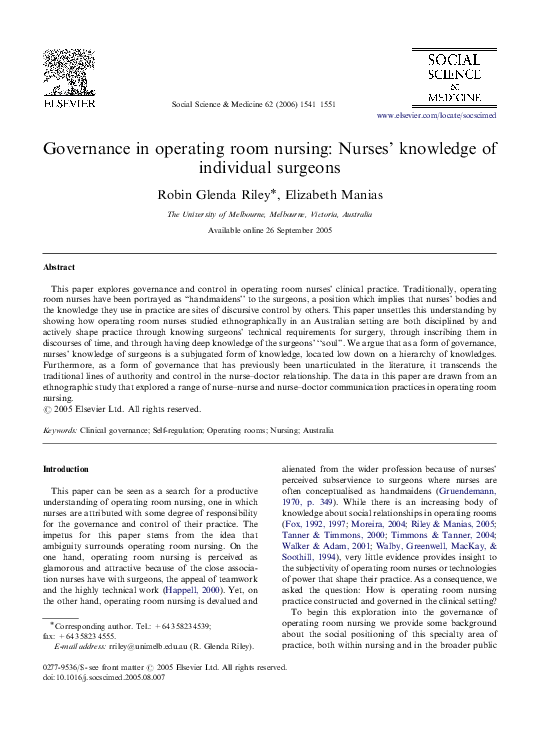 (PDF) Governance in operating room nursing: Nurses’ knowledge of ...