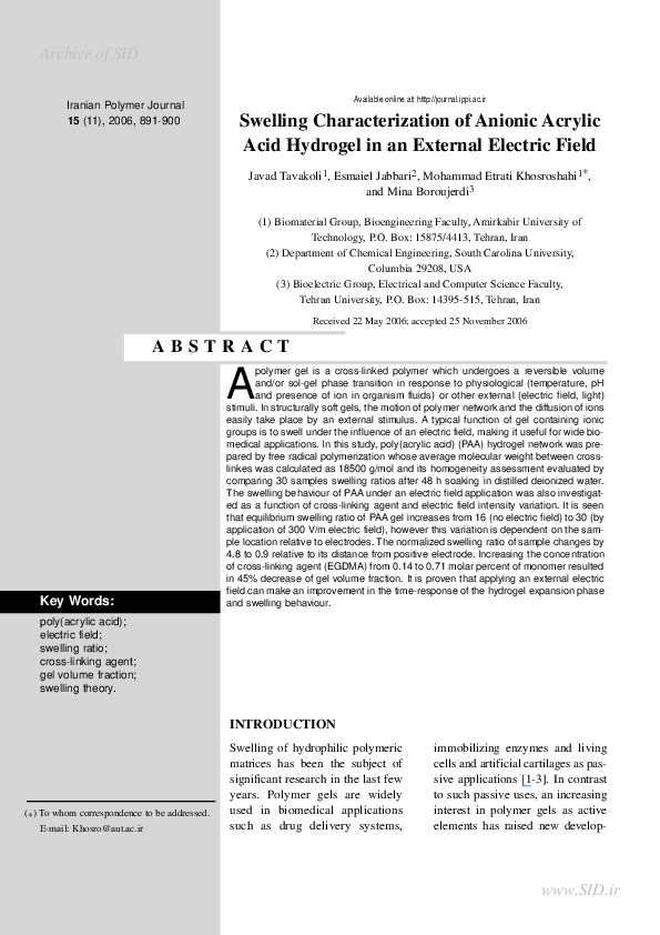 (PDF) Swelling characterization of anionic acrylic acid Hydrogel in an external electric field