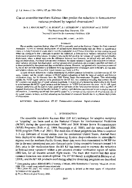 Pdf Can An Ensemble Transform Kalman Filter Predict The Reduction In Forecast Error Variance