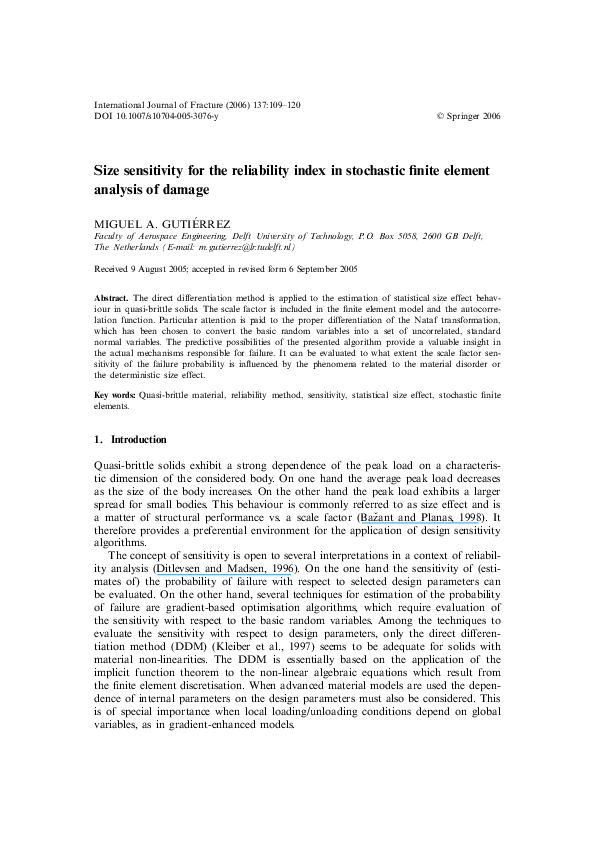 Pdf Size Sensitivity For The Reliability Index In Stochastic Finite