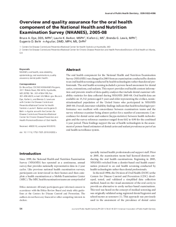 (PDF) Overview and quality assurance for the oral health component of ...