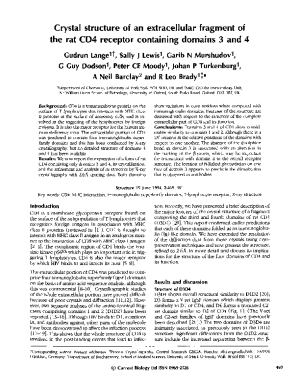 (PDF) Crystal structure of an extracellular fragment of the rat CD4 ...
