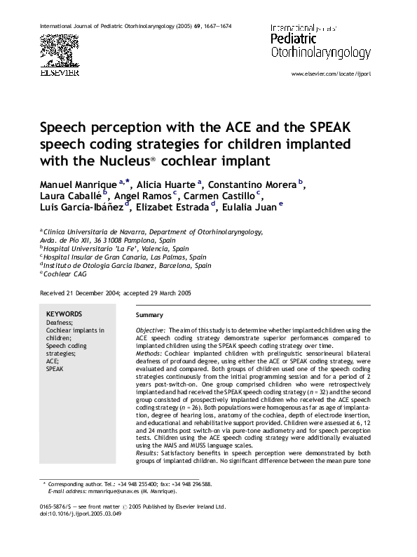 (PDF) Speech perception with the ACE and the SPEAK speech coding ...
