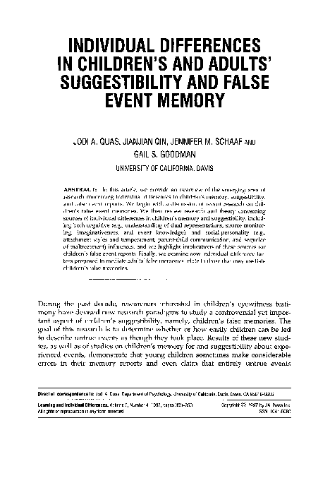 (PDF) Individual differences in children's and adults' suggestibility ...