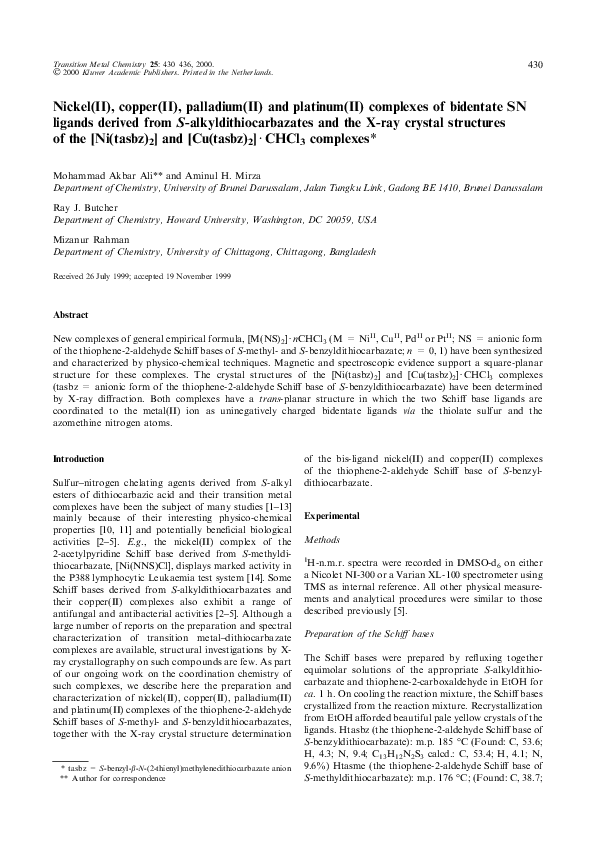 (PDF) Nickel (II), Copper (II), Palladium (II) and Platinum (II) Complexes of Bidentate SN ...