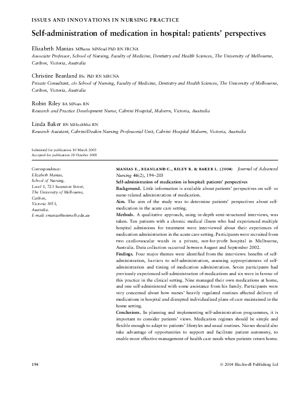(PDF) Self-administration of medication in hospital: patients' perspectives