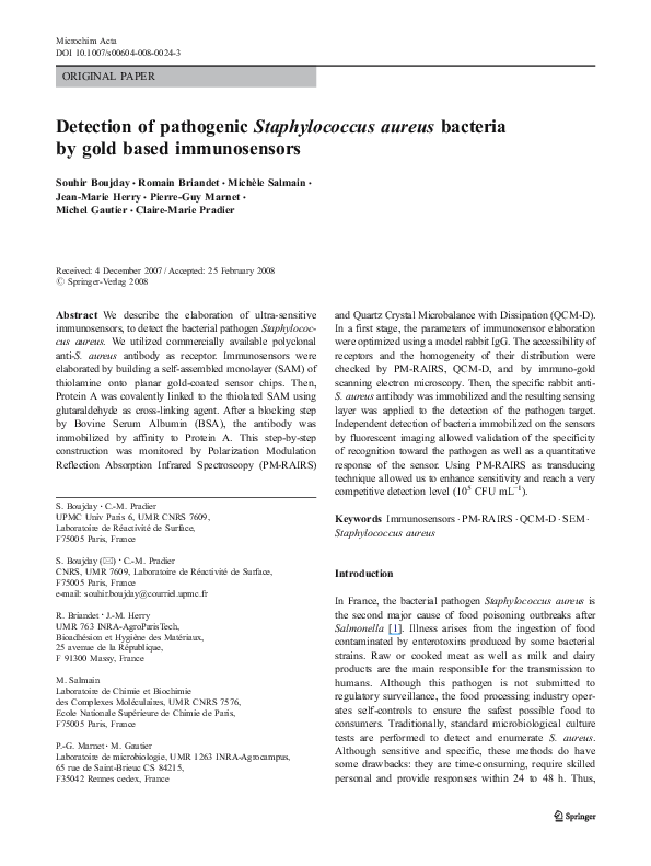 (PDF) Detection of pathogenic Staphylococcus aureus bacteria by gold based immunosensors