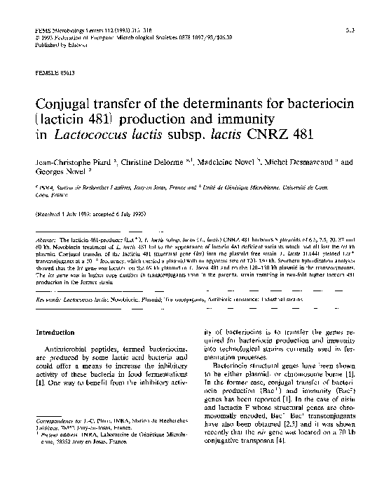 (PDF) Conjugal transfer of the determinants for bacteriocin (lacticin 481) production and ...