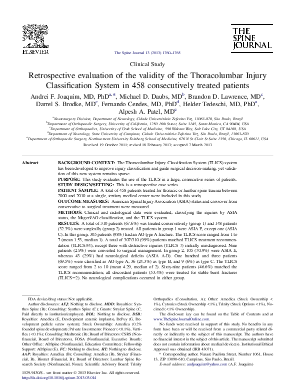 (PDF) Evaluation of the Thoracolumbar Injury Classification System in ...