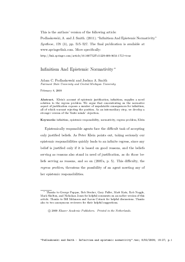 (PDF) Infinitism and Epistemic Normativity