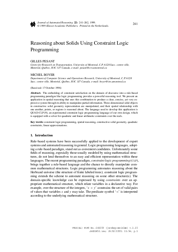 Pdf Reasoning About Solids Using Constraint Logic Programming