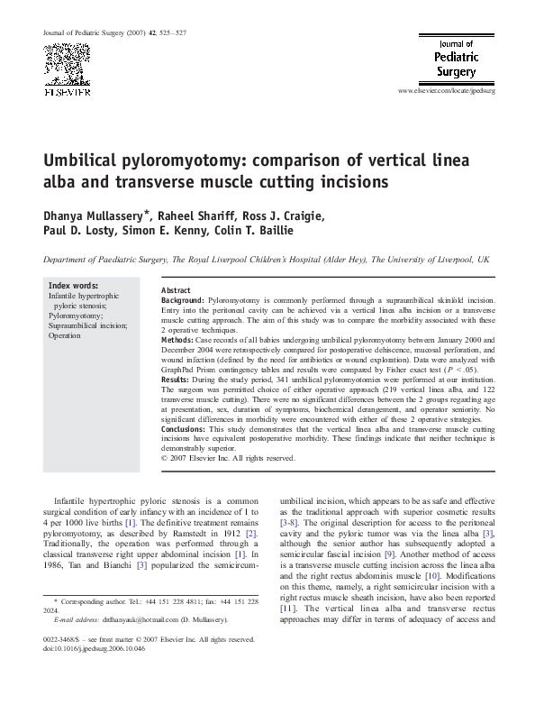 (PDF) Umbilical pyloromyotomy: comparison of vertical linea alba and ...