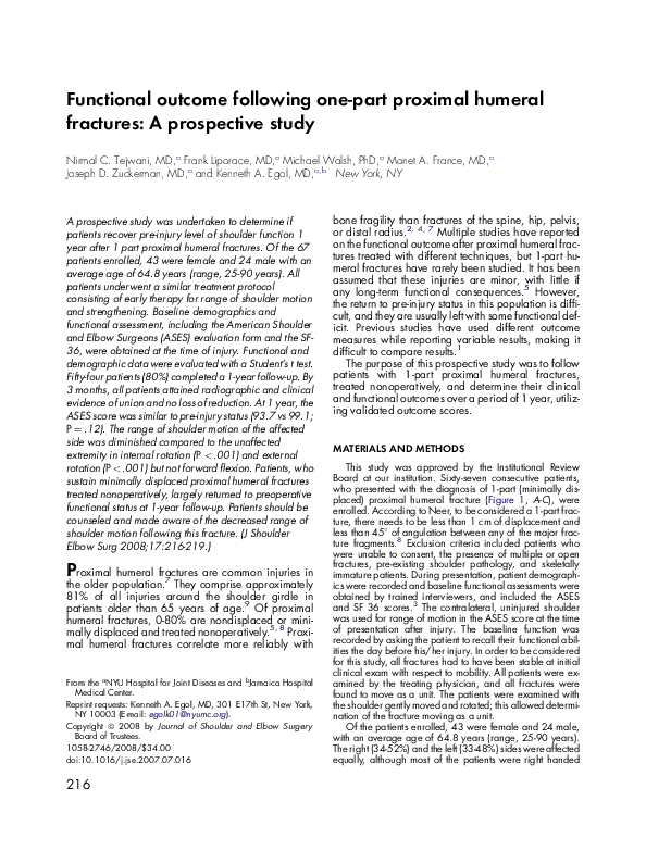 (PDF) Functional outcome following one-part proximal humeral fractures: A prospective study