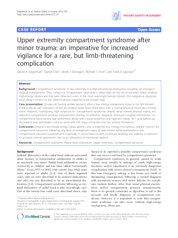 (PDF) Upper extremity compartment syndrome after minor trauma: an ...
