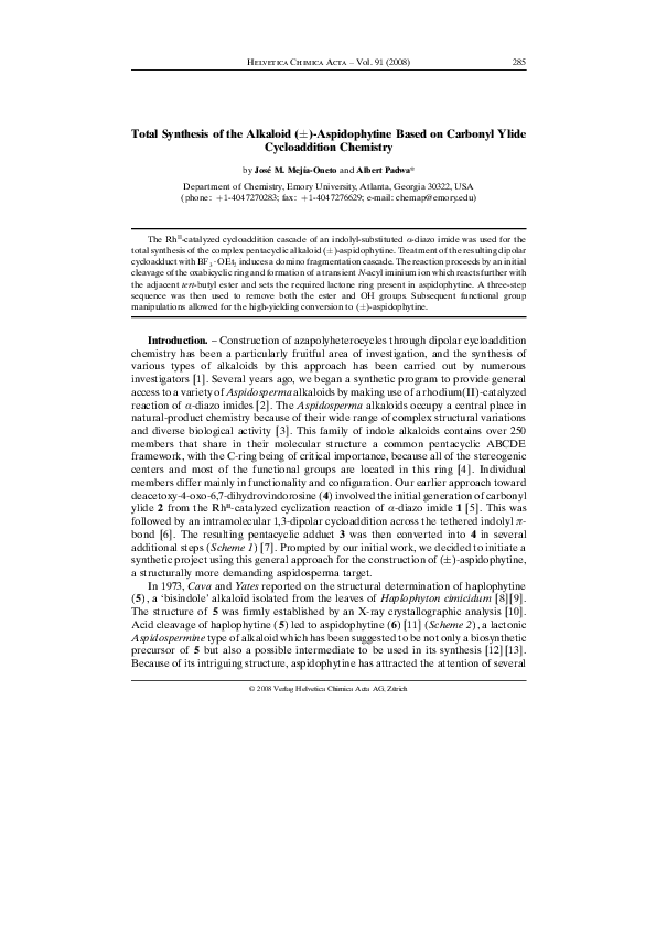 (PDF) Total Synthesis of the Alkaloid (±)-Aspidophytine Based on ...