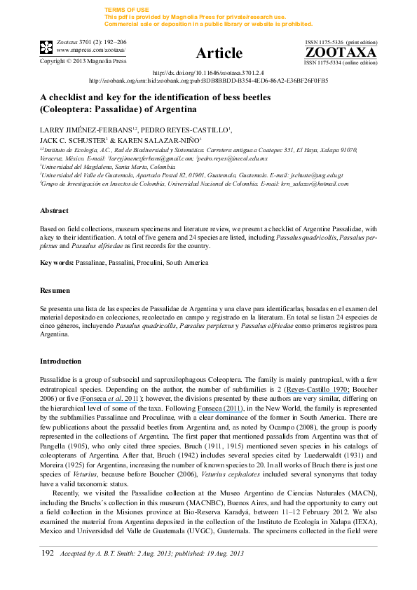 (PDF) A checklist and key for the identification of bess beetles ...