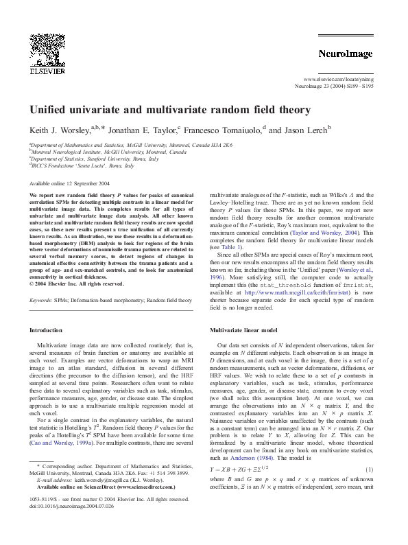 (PDF) Unified univariate and multivariate random field theory