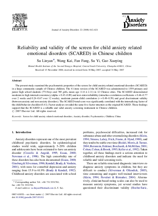 (PDF) Reliability and validity of the screen for child anxiety related emotional disorders ...