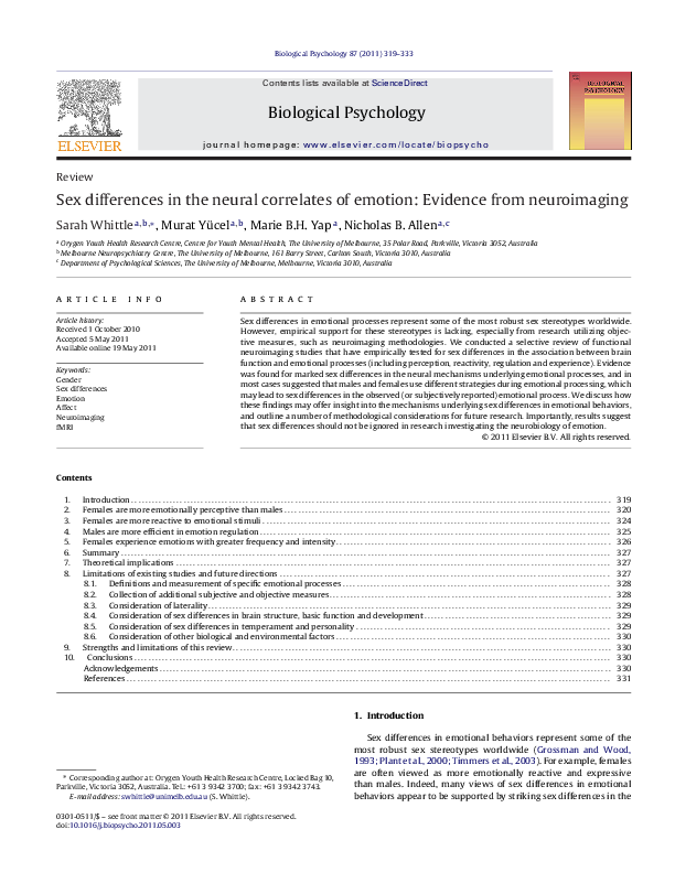 Pdf Sex Differences In The Neural Correlates Of Emotion Evidence From Neuroimaging