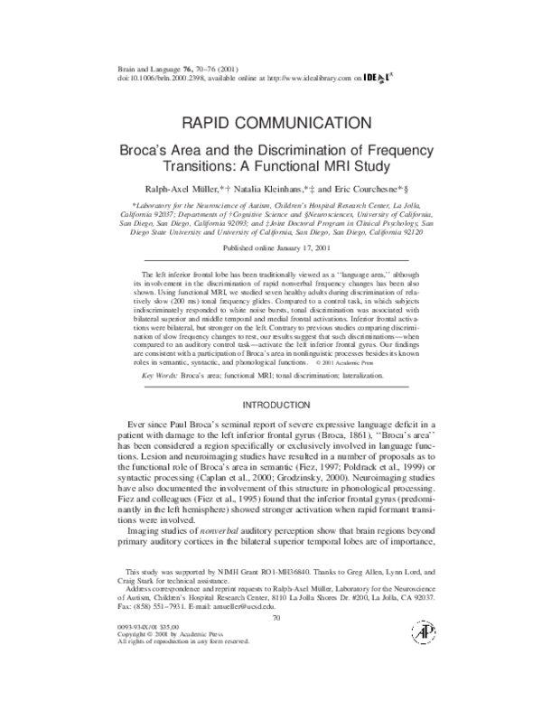 (PDF) Broca's Area and the Discrimination of Frequency Transitions: A ...