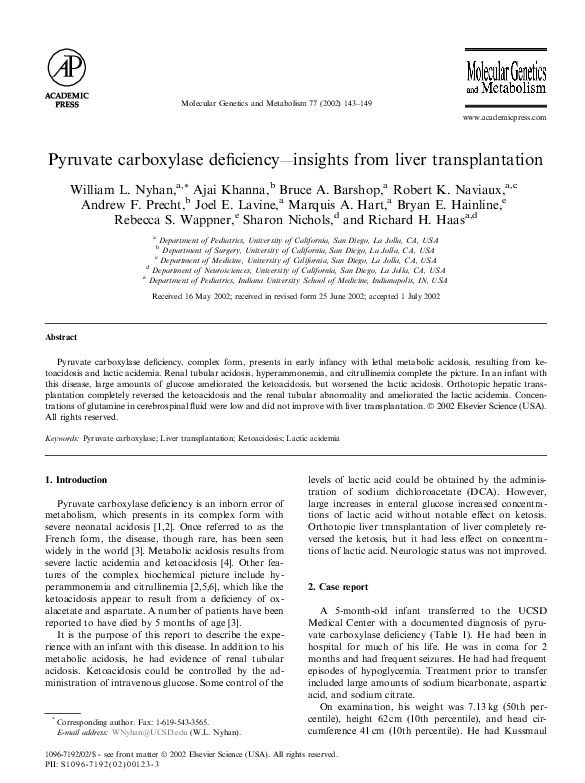 (PDF) Pyruvate carboxylase deficiency—insights from liver transplantation