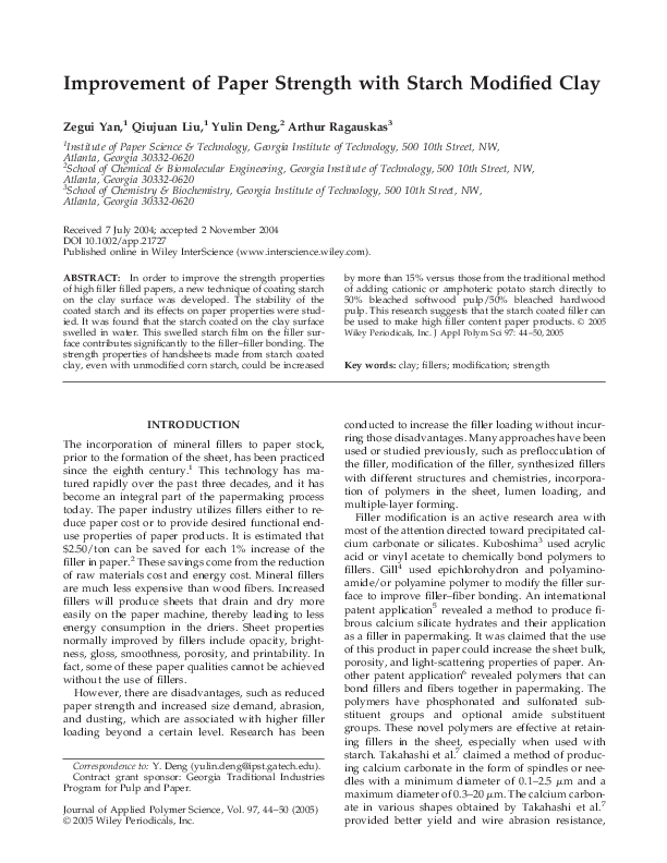 (PDF) Improvement of paper strength with starch modified clay