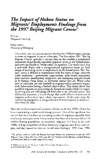 (PDF) The Impact of Hukou Status on Migrants' Employment: Findings from ...