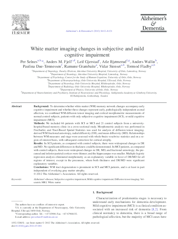 (PDF) White matter imaging changes in subjective and mild cognitive impairment