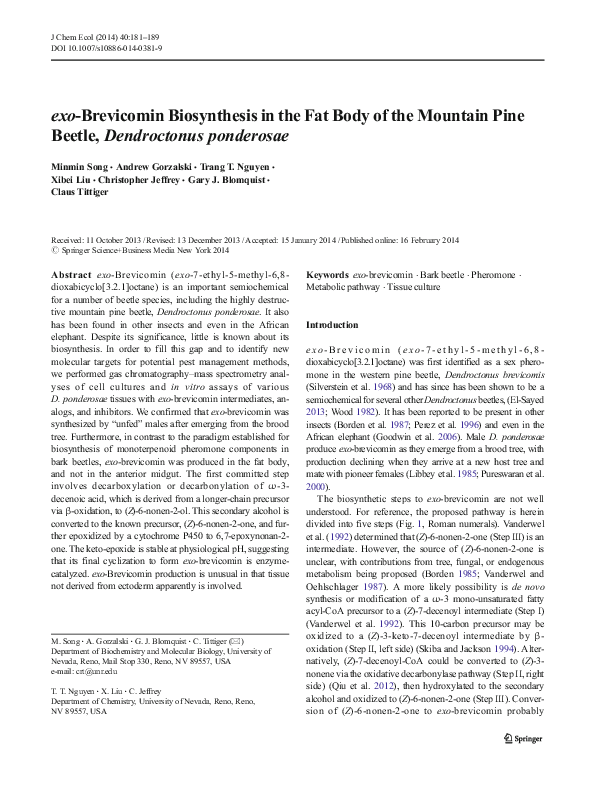(PDF) exo-Brevicomin Biosynthesis in the Fat Body of the Mountain Pine ...