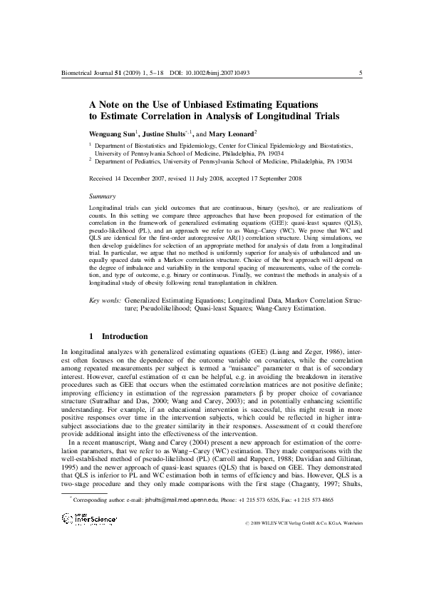 Pdf A Note On The Use Of Unbiased Estimating Equations To Estimate Correlation In Analysis Of