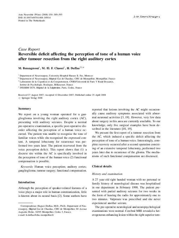 (PDF) Reversible deficit affecting the perception of tone of a human voice after tumour ...