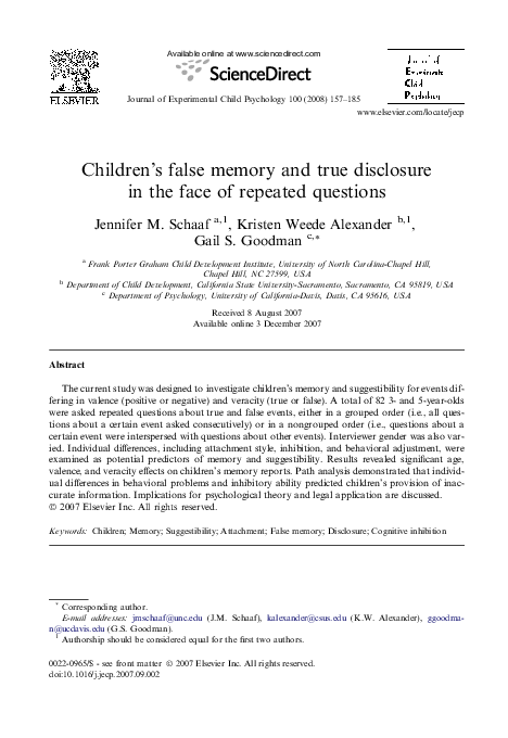 (PDF) Children’s false memory and true disclosure in the face of ...