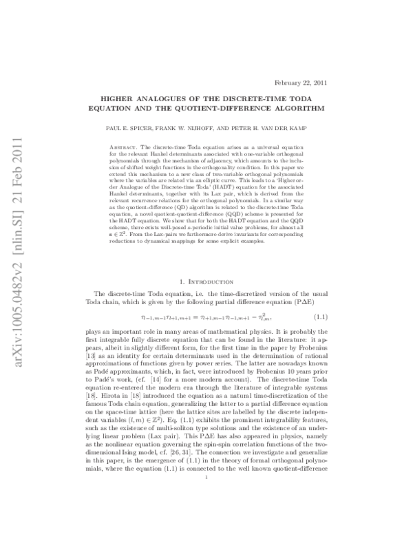 (PDF) Higher analogues of the discrete-time Toda equation and the quotient-difference algorithm