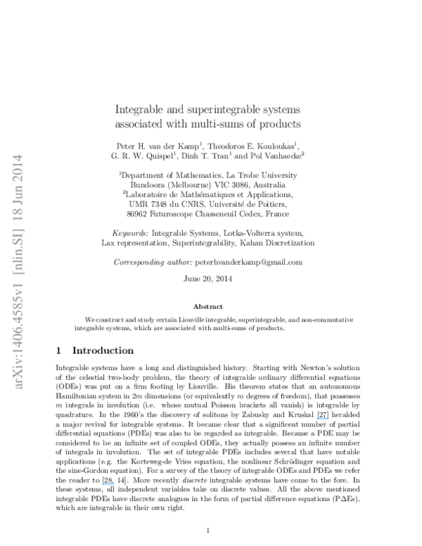 (PDF) Integrable and superintegrable systems associated with multi-sums of products