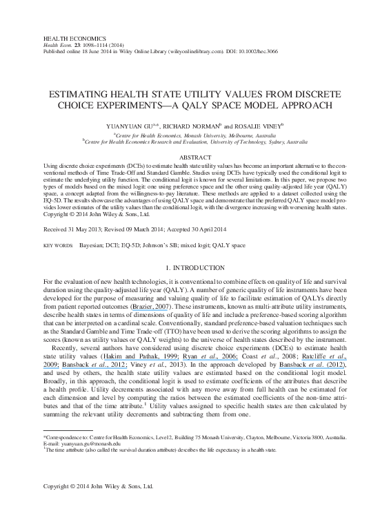 (PDF) ESTIMATING HEALTH STATE UTILITY VALUES FROM DISCRETE CHOICE ...