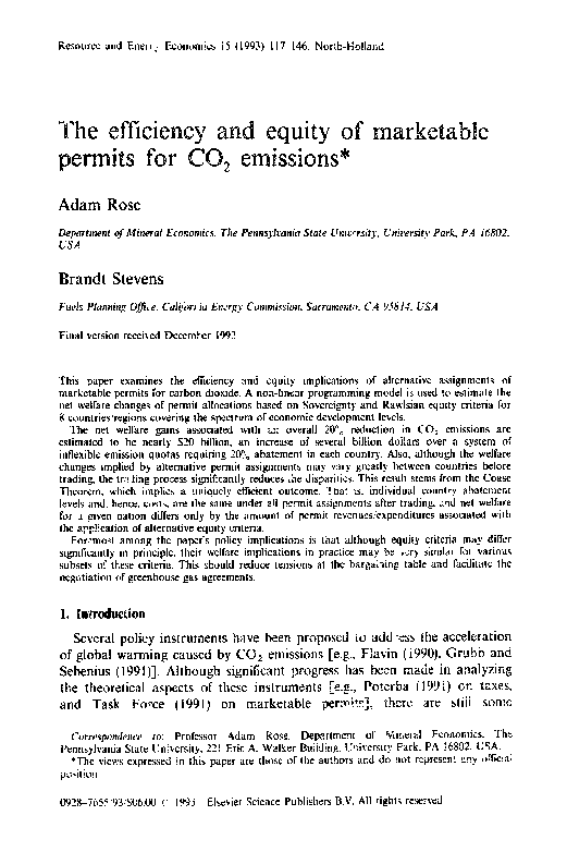 (PDF) The efficiency and equity of marketable permits for CO2 emissions