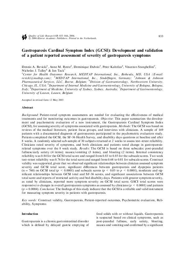 (PDF) Gastroparesis Cardinal Symptom Index (GCSI): Development and ...