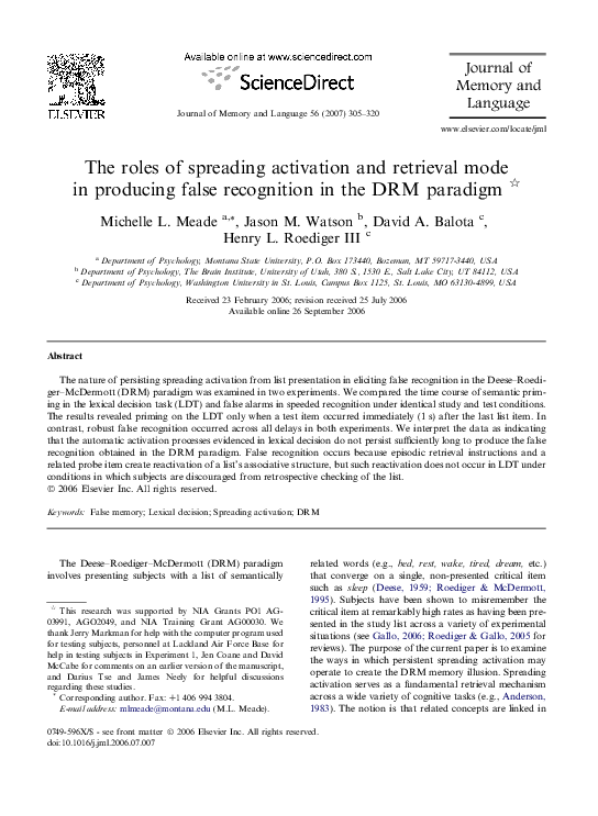 (PDF) The roles of spreading activation and retrieval mode in producing false recognition in the ...