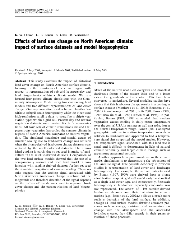 (PDF) Effects of land use change on North American climate: impact of ...