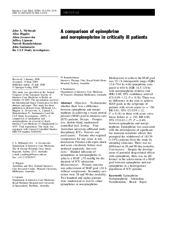 (PDF) A comparison of epinephrine and norepinephrine in critically ill ...
