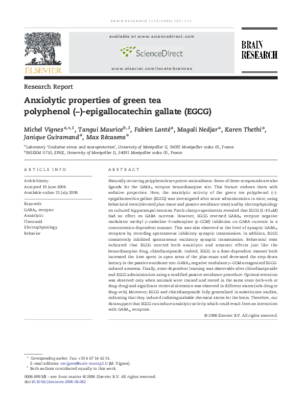 (PDF) Anxiolytic properties of green tea polyphenol (− ...